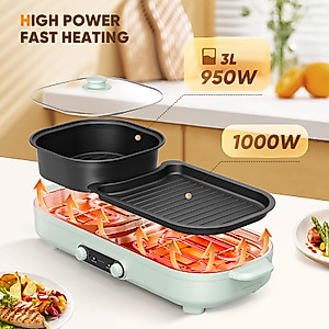 Homiesetify Electric Hot Pot with Grill, 2 In 1 Indoor Non-Stick Barbecue Shabu Hot Pot with Dual Temperature Control, Detachable Hot Pot and Baking Tray, Smokeless Shabu Korean BBQ Grill