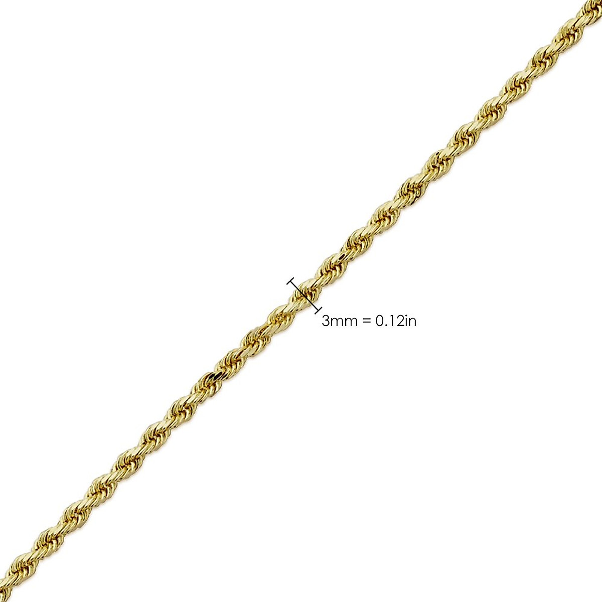 14K Yellow Gold 3mm 26" Solid Diamond Cut Rope Chain Necklace with Lobster Lock