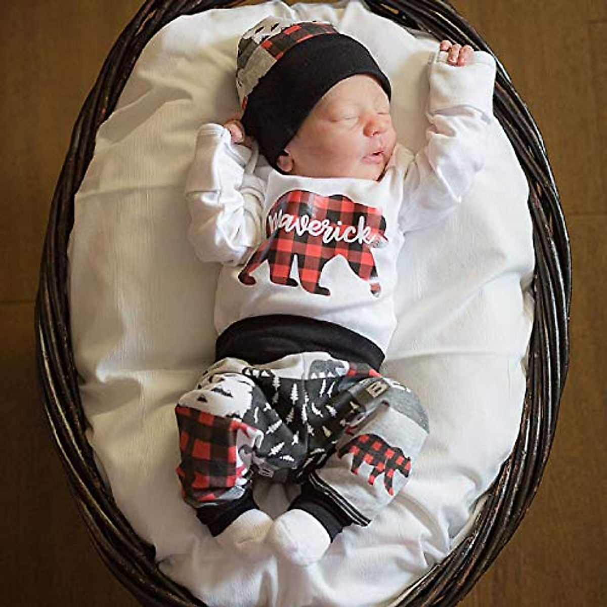 HKALL Newborn Infant Baby Boy Girls Clothes Fall Outfits Baby Bear Romper Long Pants Hat 3PCS Christmas Bodysuit Set