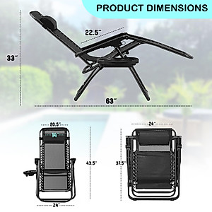 Ruesleag Zero Gravity Chair Set of 2 Folding Recliners Lawn Outdoor Lounge Gravity Reclining Patio Chairs w/Removable Pillows and Cup Holder Trays for Poolside Backyard Beach,Black