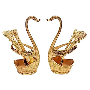 German Gold Plated 1 PC S Swan Duck With 6 Pcs Tea Spoon Set For Home And Kitchen Decorative Swan Base Holder Spoons for Coffee, Fruit,Dessert,Stirring, Mixing Sugar, By ORNATE INTERNATIONAL.