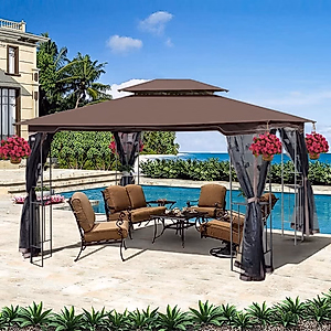 JINS&VICO 13x10 ft Gazebo Double Roof Canopy with Netting and Shaded Curtains, Outdoor Gazebo 2-Tier Hardtop Galvanized Iron Aluminum Frame Garden Tent for Patio, Backyard, Deck and Lawns, Brown