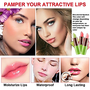 evpct 3Pcs Aloe Vera Strawberry Peach Pink Color Changing Lipstick Tinted Lip Color Balm Gloss Tint Set Green Magic PH Mood Kids Lipstick Color Changing Crystal Flower Jelly Lipstick Korean Makeup