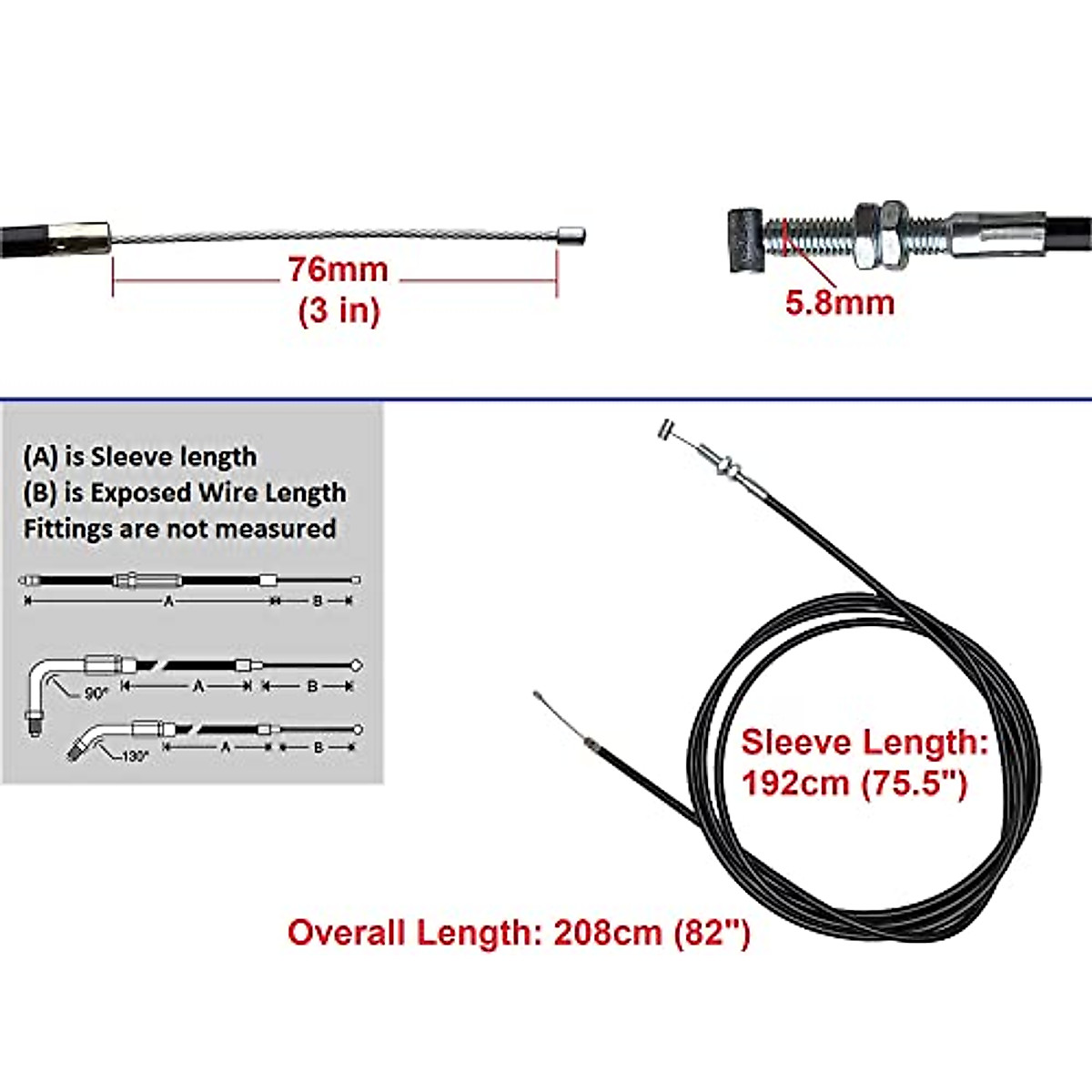 RedCap 75" inch Universal Straight Throttle Cable for 90cc 110cc 125cc Gas Scooter, Go Kart, Kandi, Mini Bike, Dirt Bike Buggy L5C00049FM5020500