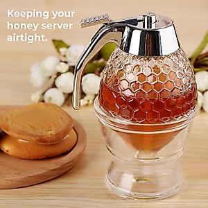 Hunnibi Honey Dispenser PLUS - No Drip Glass with STAINLESS STEEL TOP - Syrup Dispenser Glass - Beautiful Honey Pot - Honey Jar with Stand