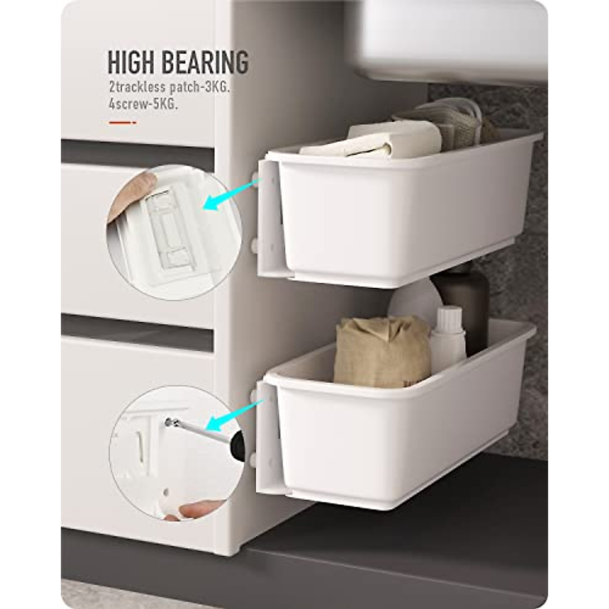 Baffect 2 pcs Under Sink Organizers Pull Out Cabinet Organizer Slide Out Plastic Storage Drawers Sliding Basket for Kitchen Bathroom Undersink (White)