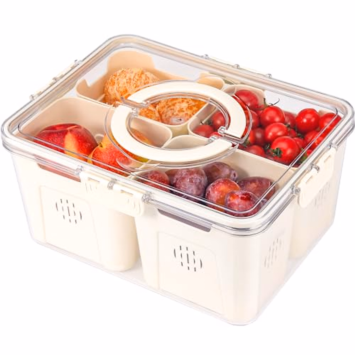 PYQTH Fruit Storage Containers for Fridge, Portable Divided Food Storage Containers with Lid and Handle, BPA-Free Saver Refrigerator Food Organizer Bins with 1 Brush for Veggies Fruit, 4 Compartments