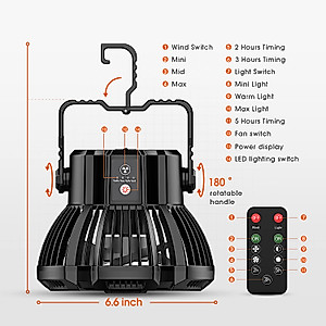 Camping Fan with LED Lantern, Rechargeable Battery Powered Fan, Portable Tent Fan with Remote Control, 25H Working Time, Battery Operated Fan, 180°Head Rotation, Outdoor travel Fan, Ceiling Fan