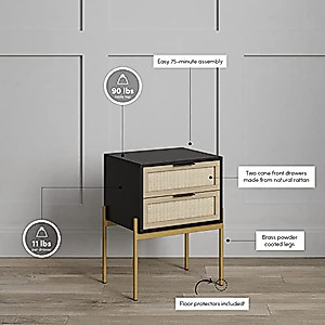 Nathan James Andrew Nightstand, Accent Bedside End Side Table with Storage Drawer, and Mid-Century Modern Legs for Living Room or Bedroom, 1, Black/Cane/Gold