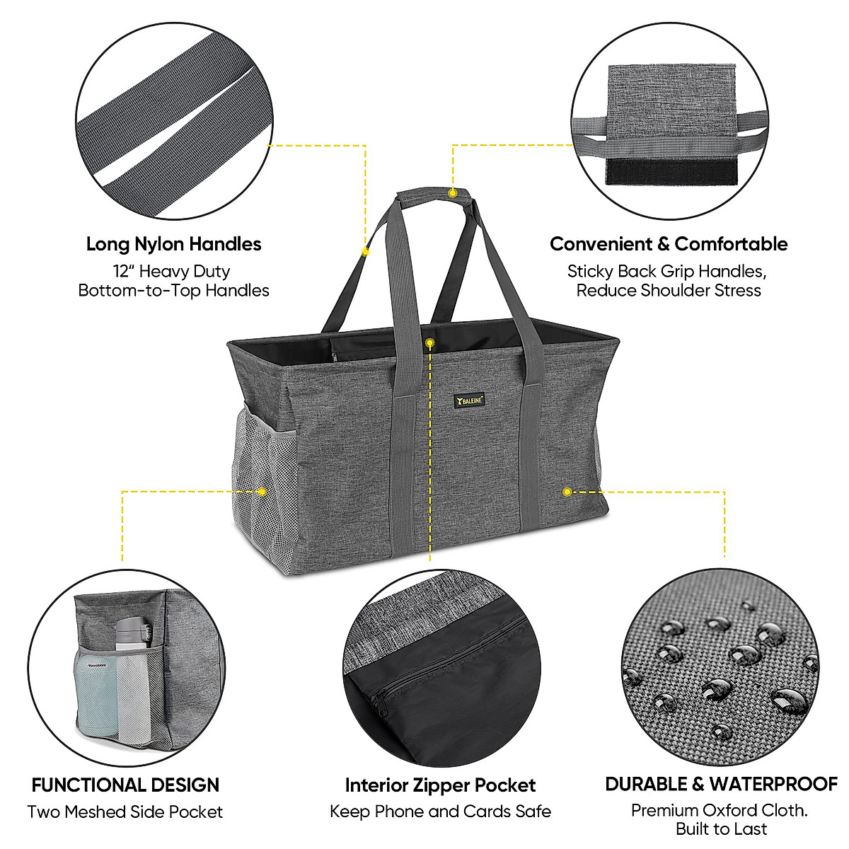 BALEINE Extra Large Utility Tote Bag with Wire Frame for Storage (Gray, 1-Pack)