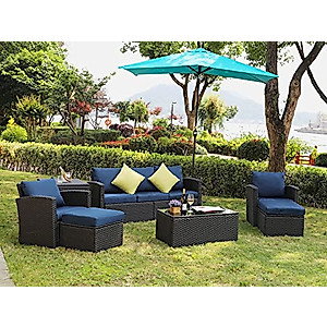 Green4ever 9 Piece Patio Furniture Set, All-Weather Outdoor Sectional Sofa Wicker Rattan Couch Patio Conversation Set with Storage Box, Coffee Table, Ottoman, and Blue Cushion