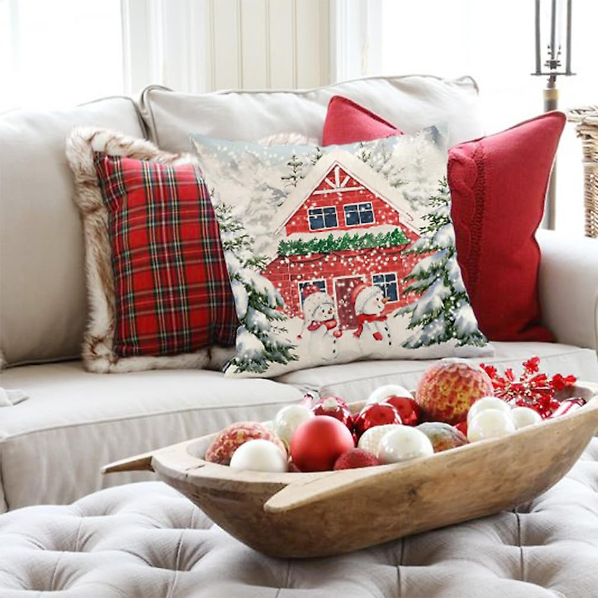 PANDICORN Christmas Pillow Covers 20x20 Set of 4 Hello Winter Wonderland Forest Reindeer Farmhouse Rustic Christmas Decorations Christmas Pillows Decorative Throw Pillows Cases Holiday Decor for Couch