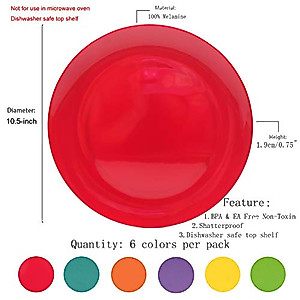 KOXIN-KARLU Melamine Plates, 10.5-inch Dinner Plates Dinnerware Dish, set of 6 in 6 Assorted Colors | 100% Melamine, Dishwasher Safe, BPA Free