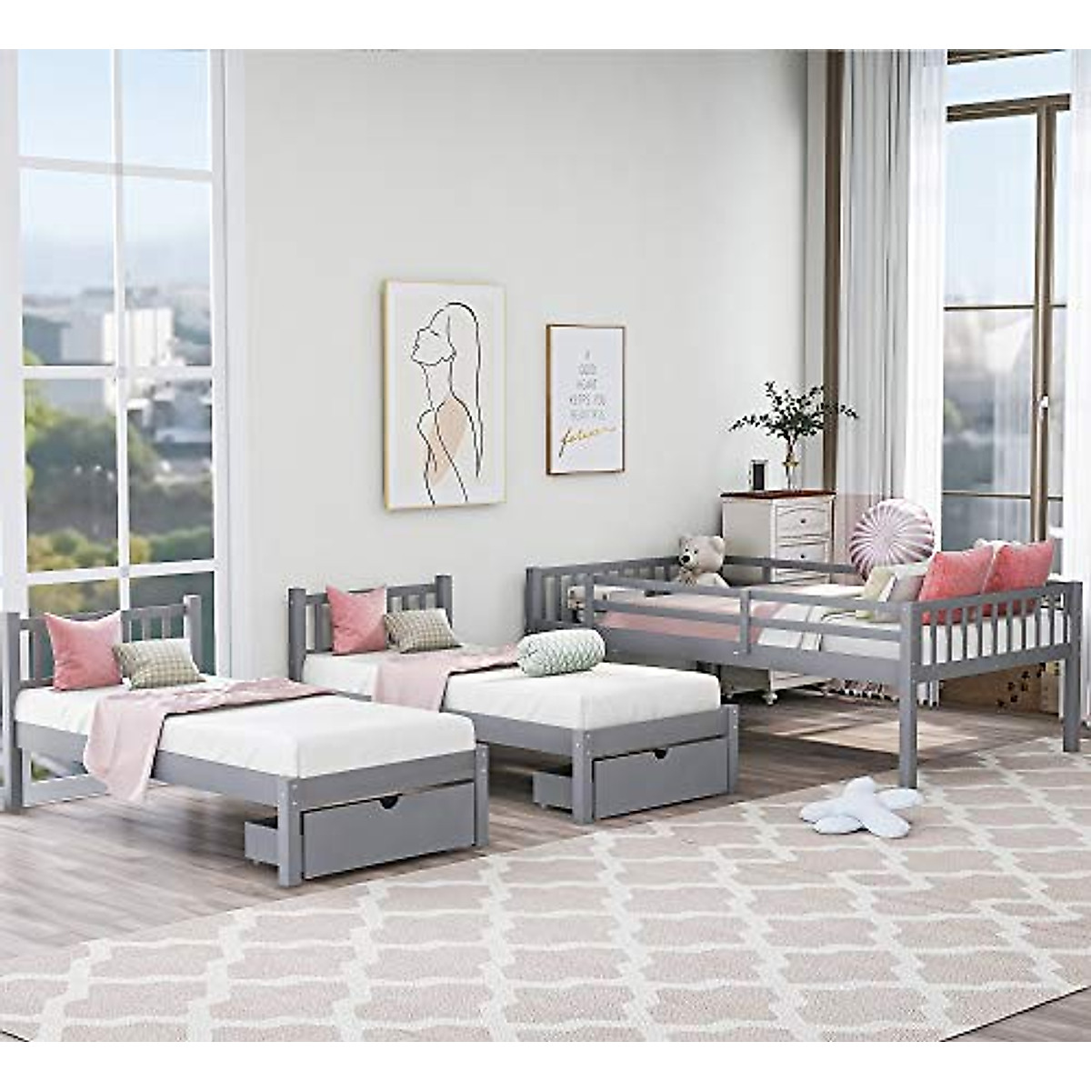 BOVZA Full Over Twin & Twin Bunk Bed, Wood Triple Bunk Bed with Drawers and Guardrails for 3 Kids Girls Boys Teens, Gray