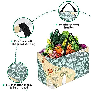 KQNZT Reusable Grocery Bags, Heavy Duty Reusable Shopping Bags, Large Tote Bags with Long Handles and Reinforced Bottom, Japanese Style Wave Crane