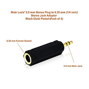 Mobi Lock 3.5mm Plug to 6.35mm Socket (Pack of 2) 1/8 to 1/4 inch Stereo Audio Jack Adapter | Connects Devices with 3.5mm Port to Your Amplifiers, Guitar, Piano, Speakers & Mic That use 6.35mm Port