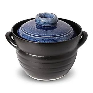 Banko-ware Donabe Japanese Earthenware Rice Pot with Double-Lid Technology – Elegant Jet-Black & Blue Design – Ensures Fluffy Rice Every Time – Includes English Manual – Made in Japan (3-5 per)