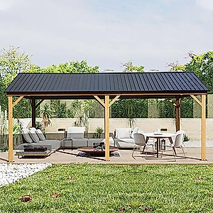 Domi 12' x 20' Hardtop Gazebo with Galvanized Steel Gable Roof, Pergola with Wood-Looking Aluminum Frame, Permanent Pavilion Outdoor Gazebo with Ceiling Hook for Deck Patio Lawn Yard Backyard Grill