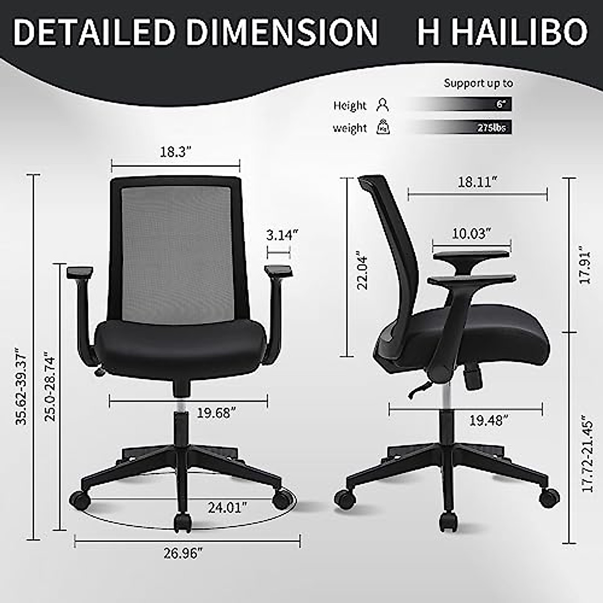 H HAILIBO Office Chair, Mesh Back Desk Chair, Flip-up Arms, Ergonomic, Black
