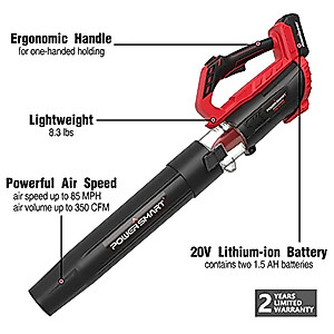 PowerSmart 20V Cordless Leaf Blower with Two 2.0 Battery, Variable Speed Control
