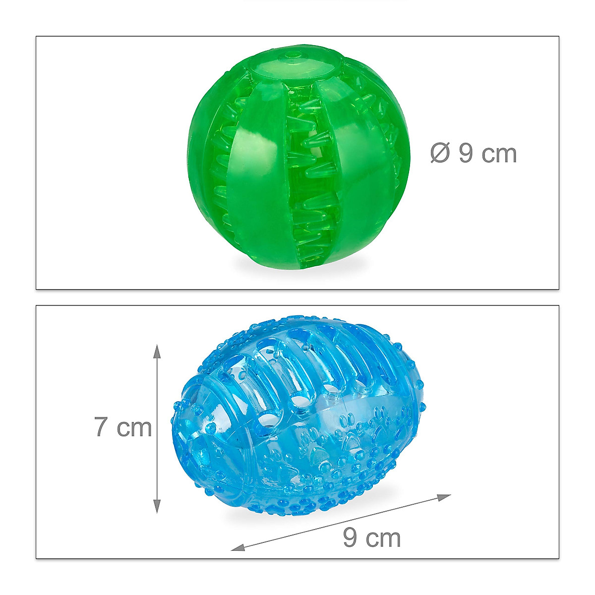Relaxdays Chew Set of 2, Dog Toy Dental, Squeaks, Bite-Proof, Robust, 2 Sizes Teeth Cleaning Balls, Green/Blue, One