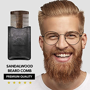 Beard Comb for Men, Wooden Natural Sandalwood, Fine Dual Action Teeth Beard Comb, Handmade Premium Sandal Wood, Fine & Coarse Tooth Perfect for Balms and Oils, Includes PU Leather Case, Pocket Size