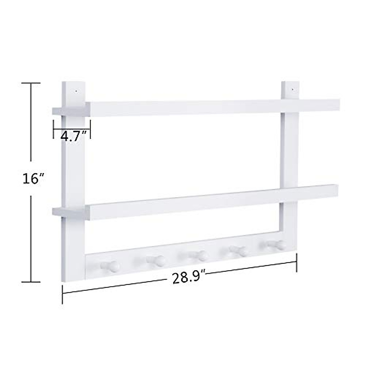 WELLAND 2 Tiers Entryway Floating Wall Shelf Hanging Shelf 29" L, Wall-Mounted Coat Rack Shelf with 5 Hooks for Hallway, Bathroom, Living Room, Bedroom,White