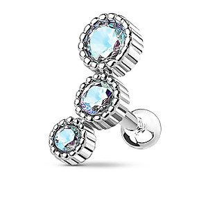 Forbidden Body Jewelry 16g Surgical Steel Cartilage Stud Earring with Curved Triple Round CZ Crystals (Aurora Borealis)