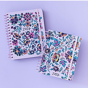 Vera Bradley Hardcover Daily Planner 2023-2024, Spiral Planner Dated August 2023 - December 2024, Medium Size Cute Planner, Weekly Planner with Monthly Calendar, Stickers, & Pockets, Cloud Vine Multi