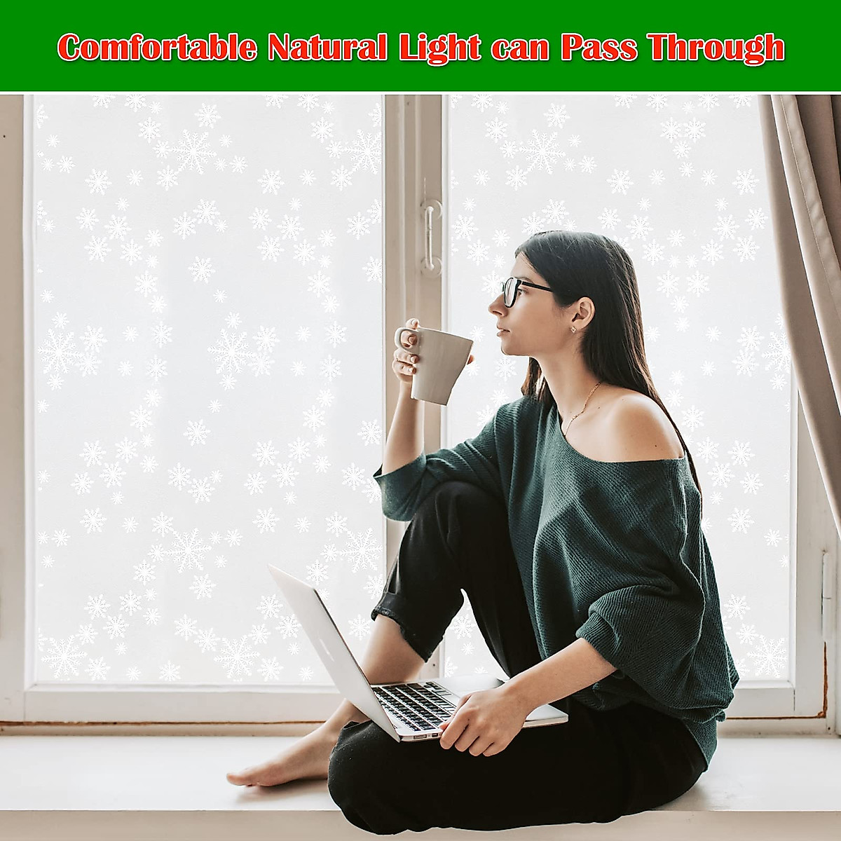 Niviy Christmas Decorations Privacy Window Film Snowflakes Window Clings Decals Stickers Non Adhesive Frosted Glass Film Heat Control 17.7” x 78.7”