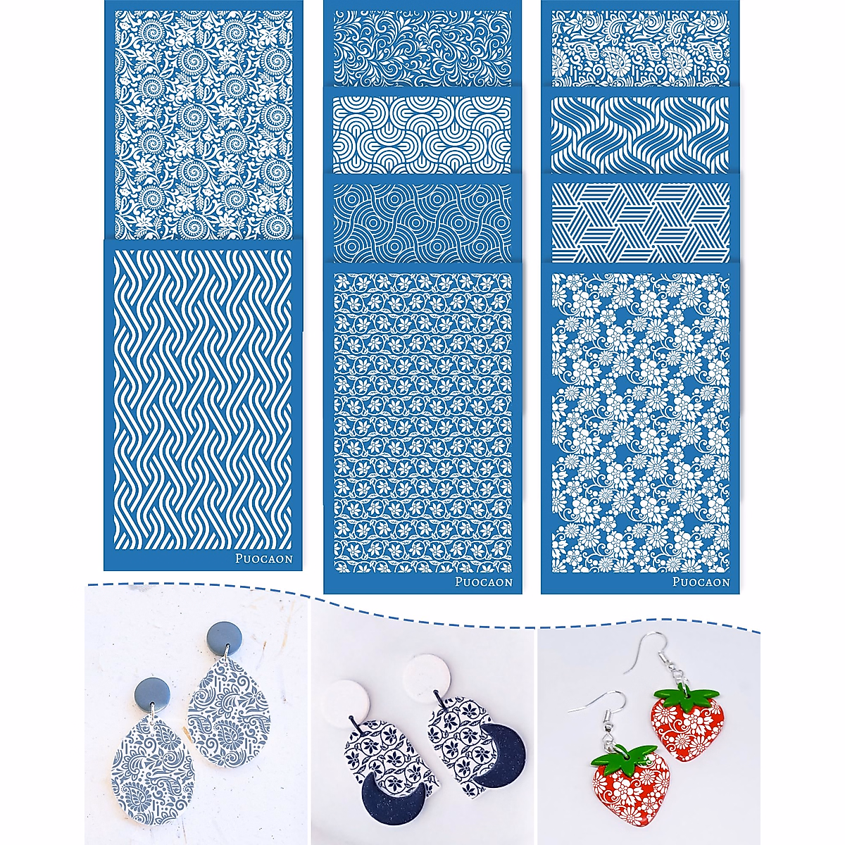 Puocaon Reusable Clay Silk Screen - 10 Pattern Silk Screen Stencils for Polymer Clay Jewelry Making, Boho Paisley Silk Screen Stencils for Polymer Clay, Vibral Geometric Silk Screens Floral Stencils