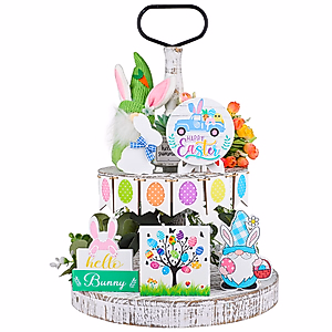 11 PCS Easter Tiered Tray Decorations Bunny Eggs Wood Signs Easter Wooden Table Signs Easter Wood Block Decor with Holder for Spring Holiday Tabletop Centerpieces Home Party Supplies