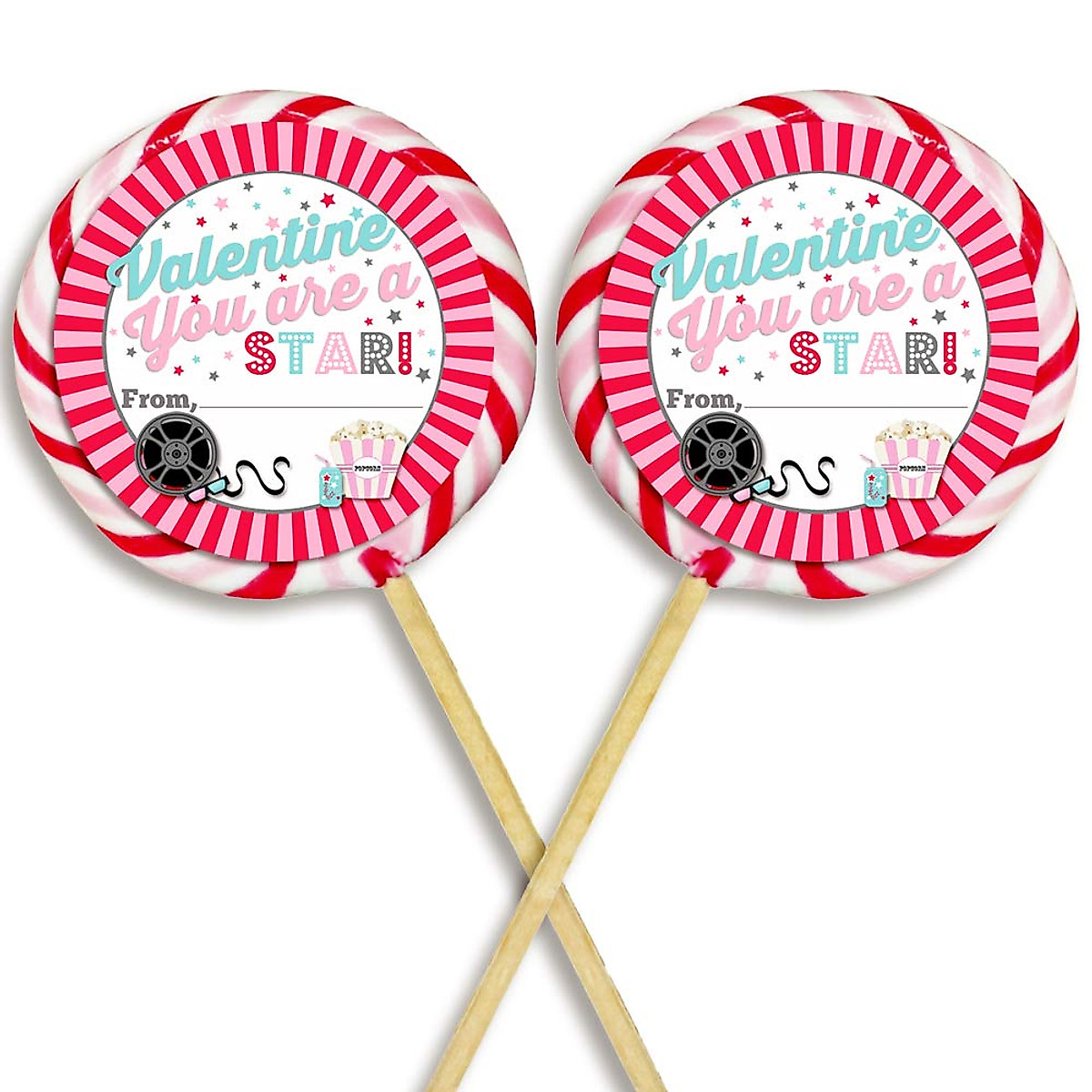 Lights Camera Action Movie Star Themed Valentine Party Favor Sticker Labels, 40 2" Party Circle Stickers by Amanda Creation, Great for Classroom Valentines, Envelope Seals, Gifts & Treats