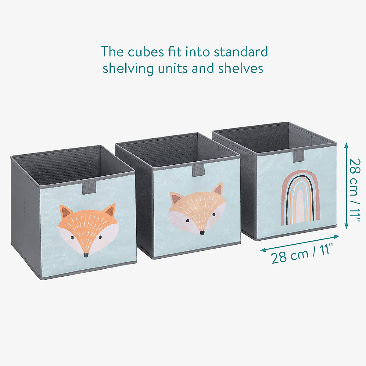 Navaris Kids Storage Cubes (Set of 3) - Storage Boxes 11x11x11" with Animal Designs - Children's Cube Bins Fabric Organizer Bin - Green Fox