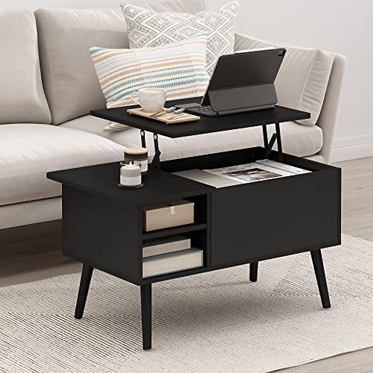 Furinno Jensen Living Room Wooden Leg Lift Top Coffee Table With Hidden Compartment and Side Open Storage Shelf, Americano