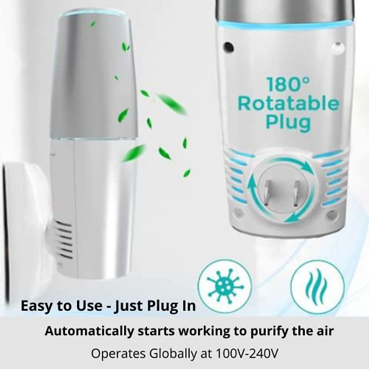 JETS AIR PRO Portable UV Air Sanitizer, AC Pluggable Air Purifier, Wall Plug-In, Air Purifier for Viruses, Germs, and Bacteria, Reduces Odors, UVC Light, Eliminate and Sanitize Germs and Airborne Pollutants. For home, car, office, hotel.