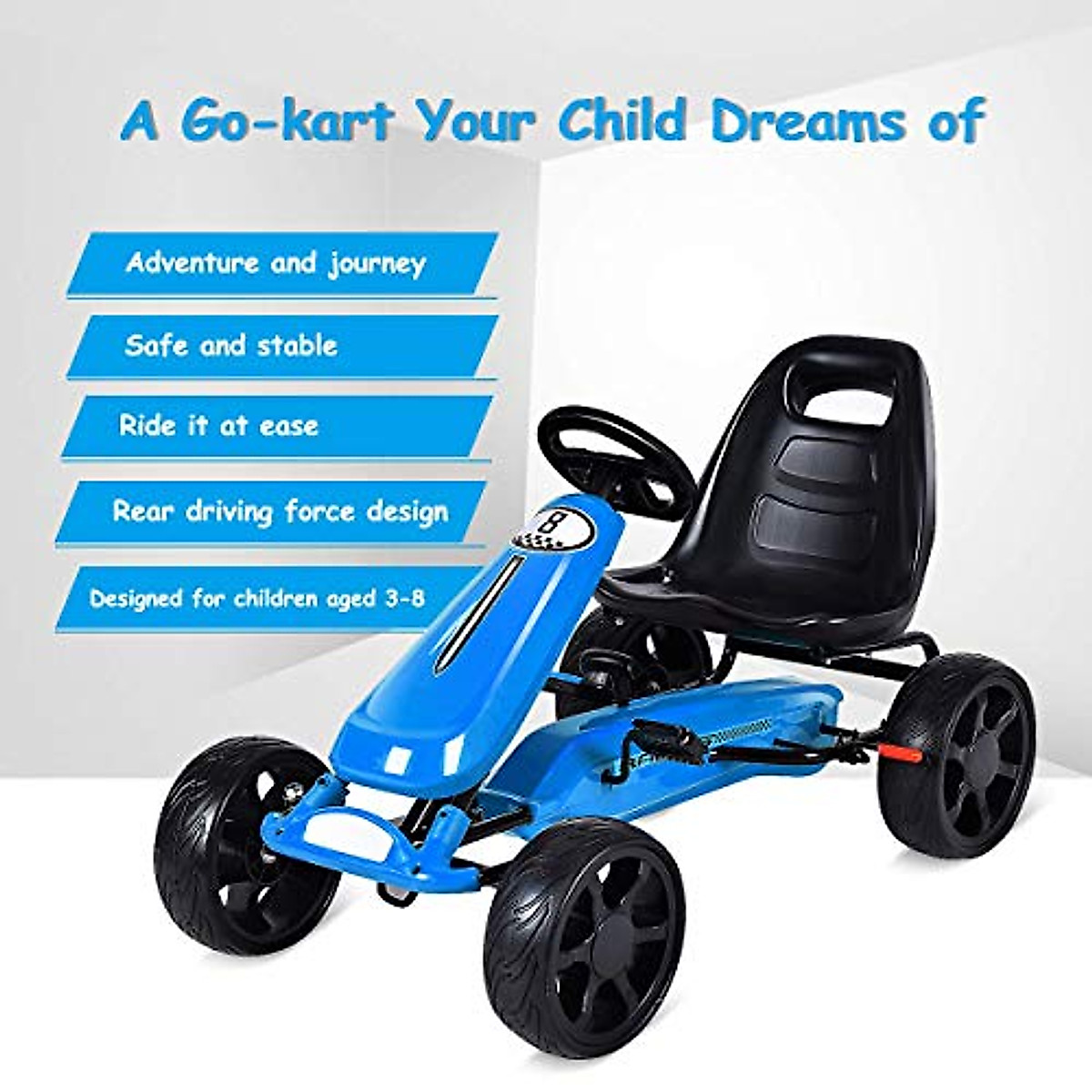 Costzon Go Kart, 4 Wheel Powered Ride On Toy, Outdoor Racer Pedal Car with Clutch, Brake, EVA Tires, Adjustable Seat (Blue)