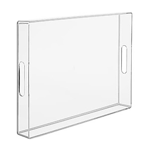 MAONAME Clear Serving Tray with Handles, Plastic Clear Tray, Rectangle Decorative Tray for Coffee Table, Ottoman, Bathroom, Vanity, 15.7" Lx 10.2" W X 1.57" H