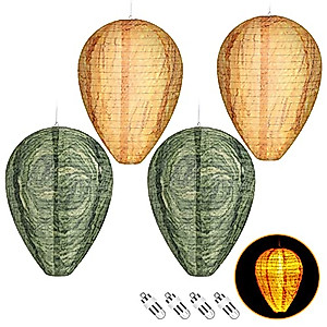 4 Pieces Wasp Nest Decoys Wasp Deterrent for Bees Hornets 4 Pieces Waterproof LED Light Yellow and Dark Green Outdoor Cloth Lantern Hanging
