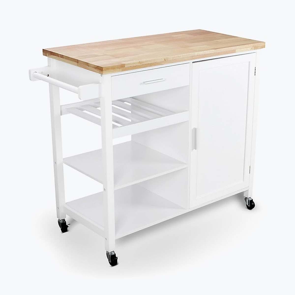BELLEZE Modern Rolling Kitchen Island Utility Cart with a Drawer, Storage Cabinet, Handle Towel Rack, Rubber Wood Top, and Caster Wheels - Sonoma (White)