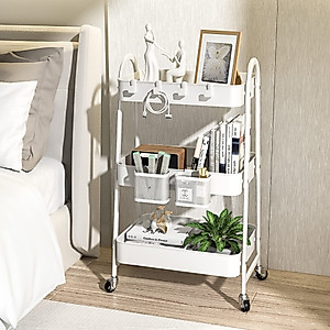 KINGRACK 3-Tier Rolling Cart, Metal Rolling Storage Cart with Handle and Lockable Wheels, 2 Hanging Baskets & 4 Hooks, Utility Cart for Kitchen, Bathroom, Office, White