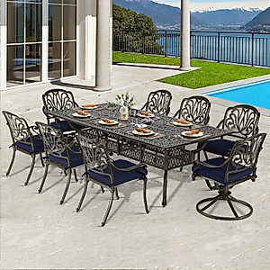 VIVIJASON 9-Piece Outdoor Dining Set, Cast Aluminum Patio Furniture Table & Chairs Set, Include 94.5" Rectangular Table, 2 Swivel Rocker Chairs, 6 Stationary Chairs, Umbrella Hole, Navy Blue Cushion