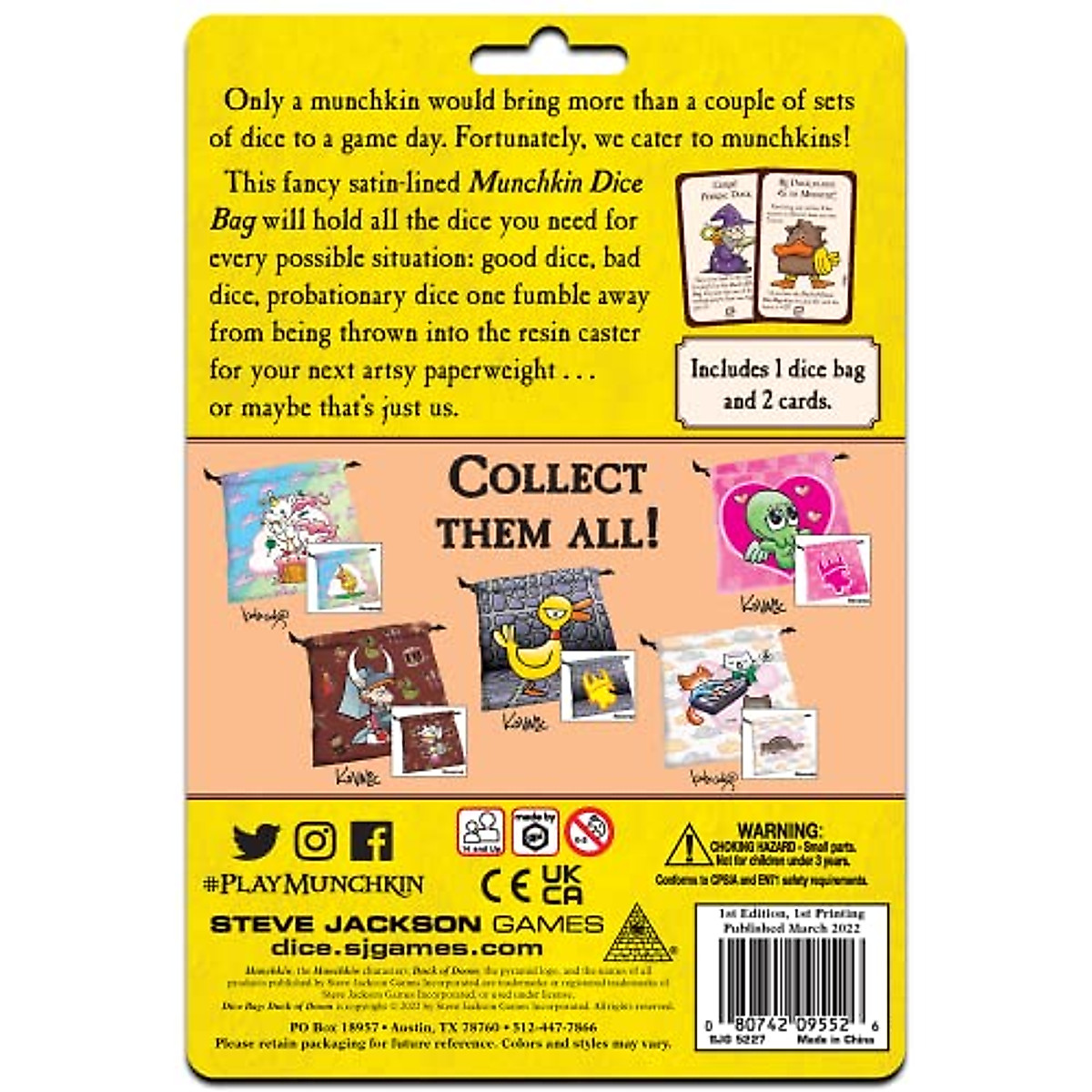 Munchkin Dice Bag: Duck of Doom | Large Drawstring Bag 7” x 7” | Printed Fabric | Holds Over 100 Dice | Includes Two Munchkin Cards | Roleplaying Game Dice Bag | Adventure | from Steve Jackson Games