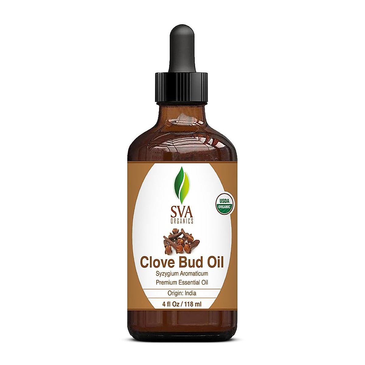 SVA Clove Bud Essential Oil Organic – 4 Fl Oz – 100% Natural Organic Clove Oil - for Diffuser, Hair Care, Face, Skin Care, Aromatherapy, Scalp and Body Massage, Soap and Candle Making - with Dropper