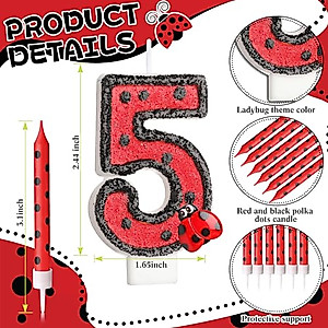 Herdear Ladybug Number 1-9 Birthday Cake Candle Numeral Birthday Candles Birthday Decorations Black Red Polka Dots Ladybird Dots Ladybug Theme Candles for Birthday Party Baby Shower (Number 5)