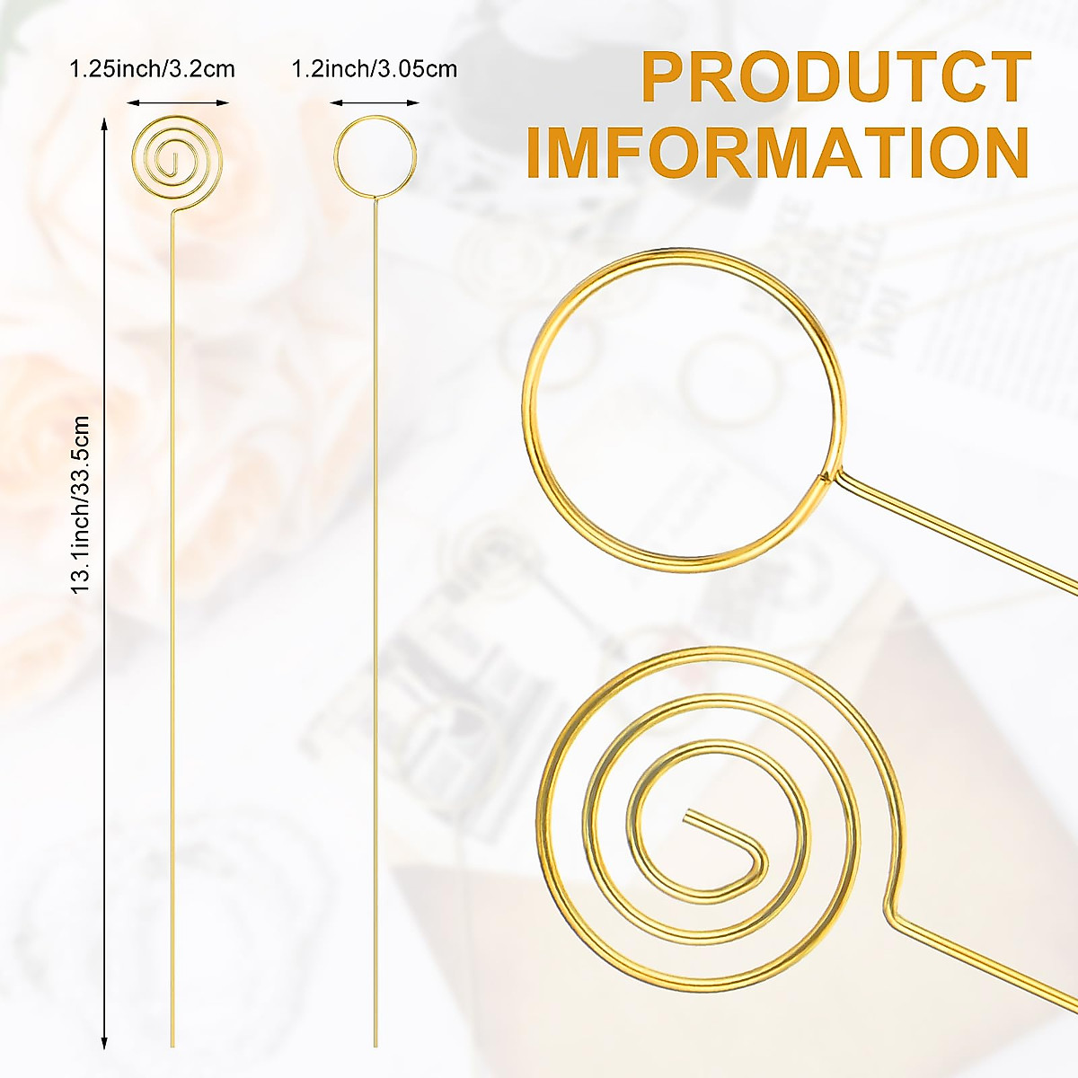 20PCS Gold Flower Card Holder Stick 13.1 Inch Circle Swirl Round Place Card Holders Clip Metal Wire Floral Picks Picture Holders for Table Numbers Wedding Party Birthday Memo Bouquet DIY