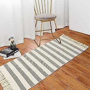 Black Striped Runner Rug,2’x4.3’ Modern Cotton Area Rug with Tassel Washable Doormat for Porch Entryway Bedroom Bathroom Living Room