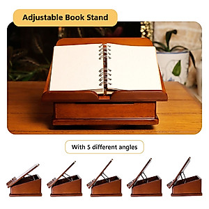 Wooden Book Stand for Cookbook Textbook and Tablet, Adjustable Angles, Spacious Storage Case, Carousel Base (Dark Cherry)
