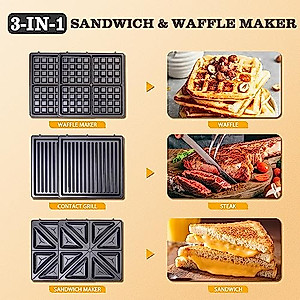 Sandwich Maker 3 in 1, Taylor Swoden 4 Slice Waffle Maker 1200W Panini Press Grill with Non-stick Plates, Double-Sided Heating, Indicator Lights, Cool Touch Handle, Easy to Use & Clean, Black