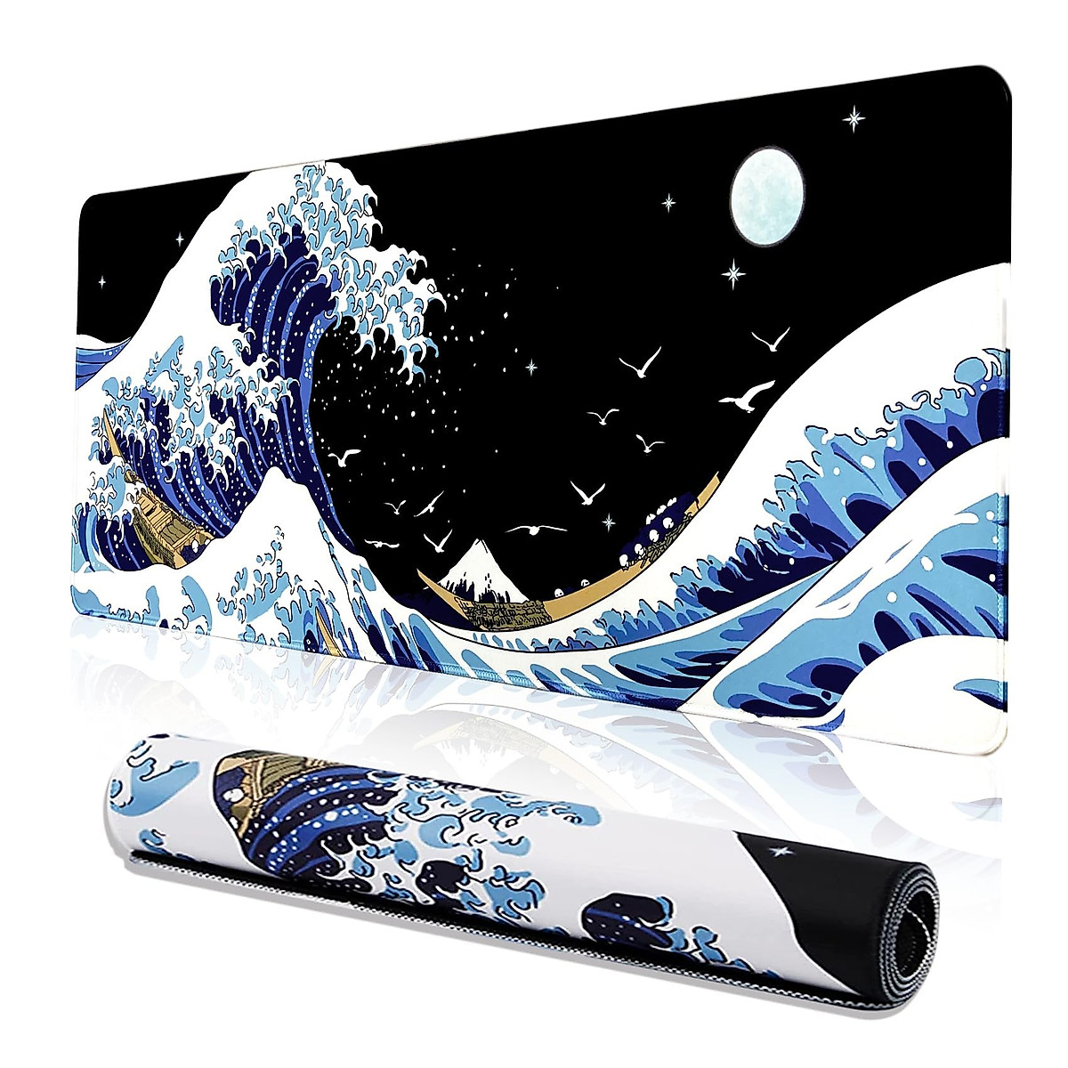 MEWOOCUE Gaming Laptop Mouse Pad, Sea Wave Big Desk Pads PC Keyboard Waterproof and Non-Slip 31.02 x 11.8inches 3mm Thick XL,XXL Rubber Table Mat, Kanagawa Surfing and Black